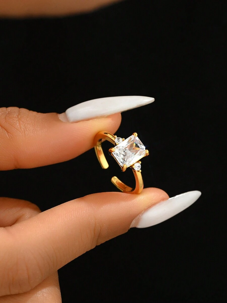 1Pc French Retro Elegant Classic Rectangle Gemstone Open Finger Ring ...