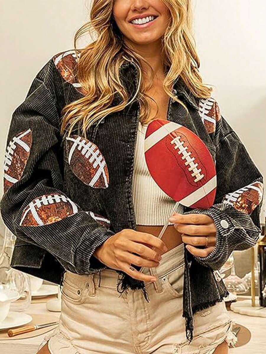 Women's Cropped Corduroy Jacket Football Sequin Patched Short Button ...