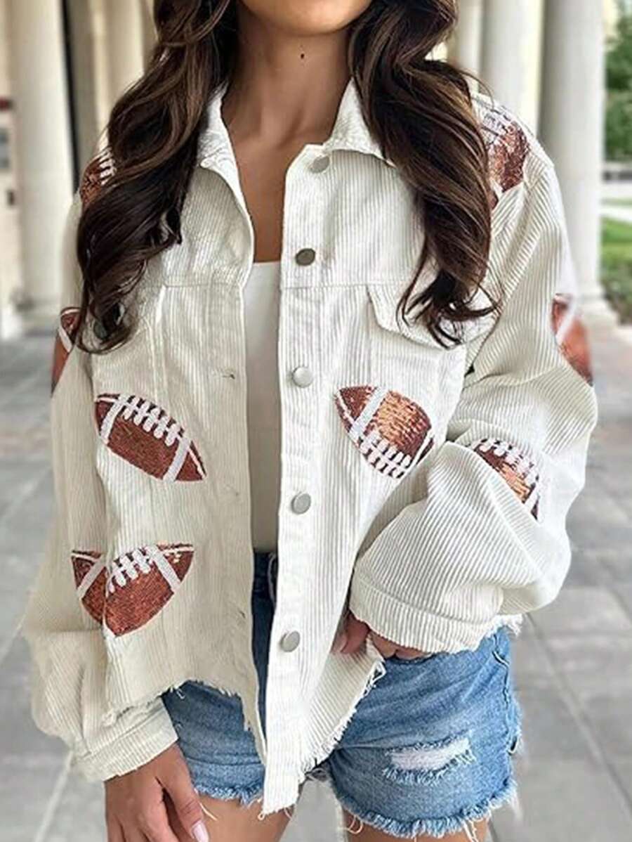 Women's Cropped Corduroy Jacket Football Sequin Patched Short Button ...