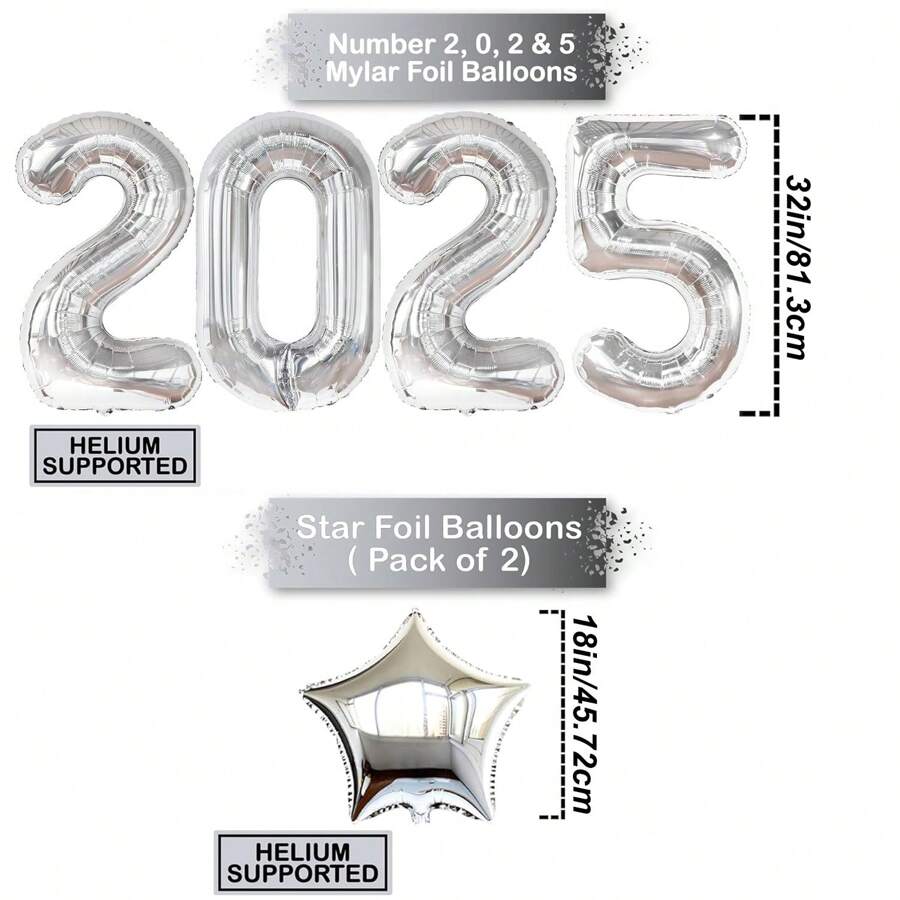 Ballons 2025 Chiffres en argent 32 pouces, ballons noirs 2025 avec ballons noirs en forme d ...