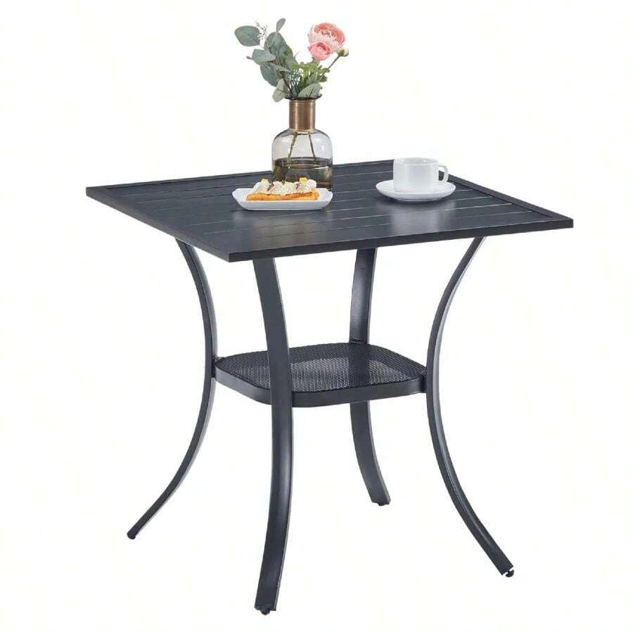 Small Patio Dining Table, Metal Slatted Tabletop With Storage Shelf For ...