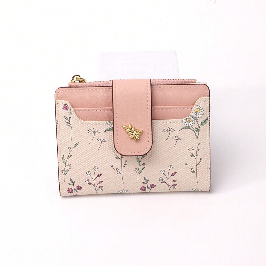 Suphiar Casual Leaf Design Metal Button Trifold Wallet Pink Gifts For ...