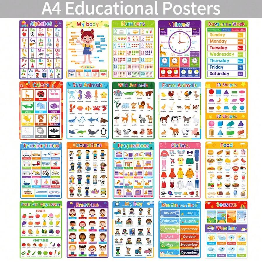 A4 Educational Posters ,Learning Chart Set For Kids And Toddlers ...