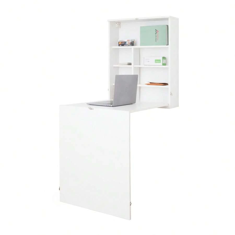 Basicwise Wall Mount Folding Desk With Shelves Wood Space Saver Office ...