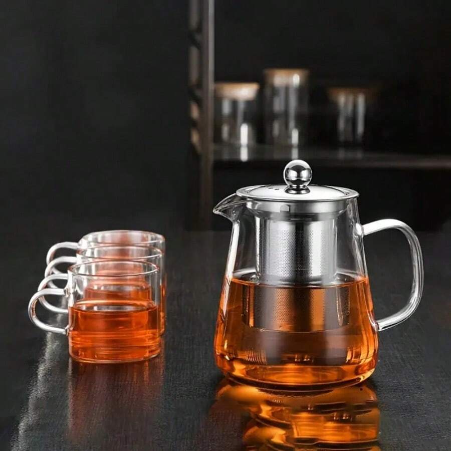 1 Set 1 Teapot + 4 Cups Tea Set With Separator, High Borosilicate Heat-Resistant Glass Teapot ...