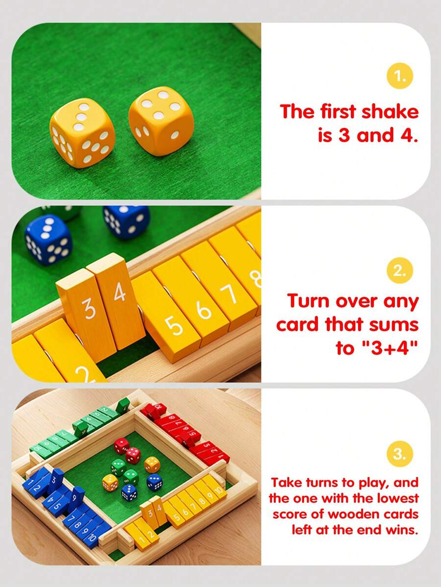 Wooden Shut The Box Game (2-4 Players) - Large 4 Sided Board, 8 Dice ...