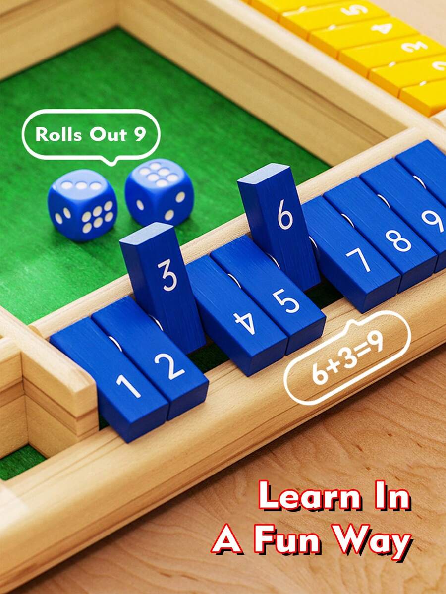 Wooden Shut The Box Game (2-4 Players) - Large 4 Sided Board, 8 Dice ...