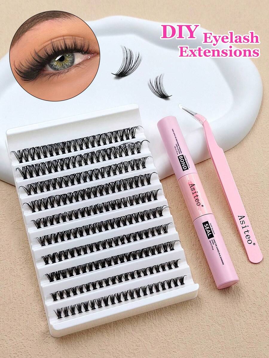 Asiteo 200Pcs D Curl DIY Eyelash Extension Kit - 40D Lash Clusters Premium Bond & Sealant ...