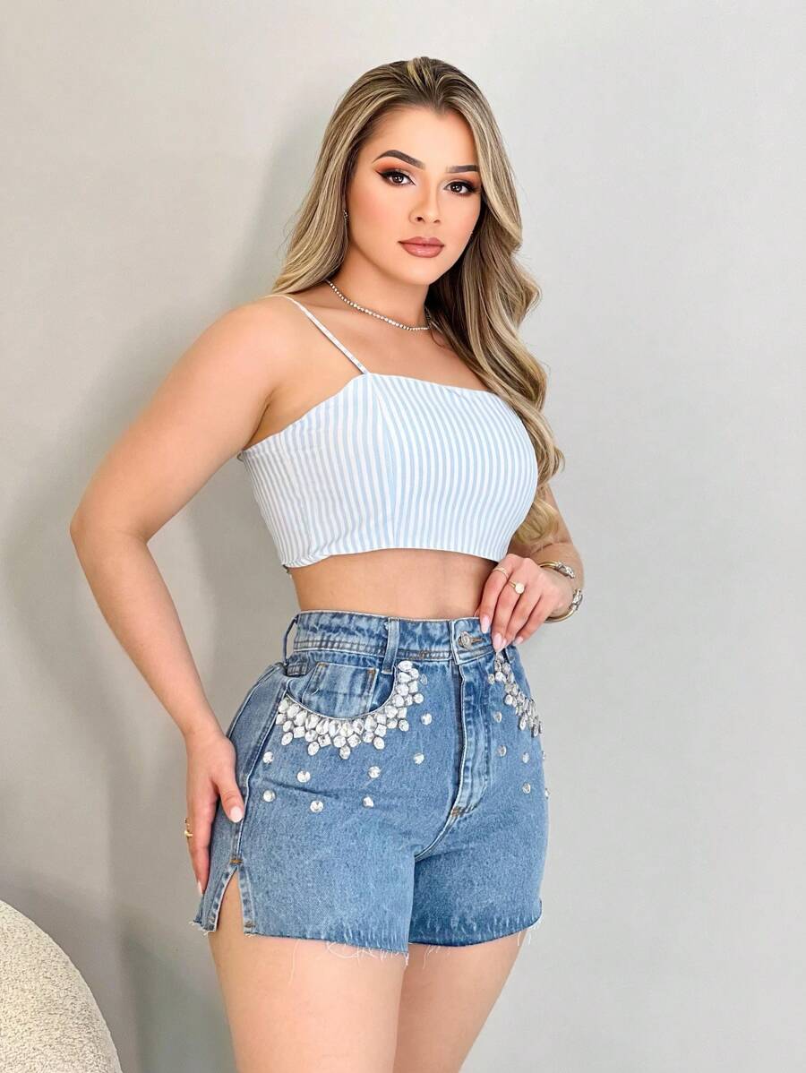 Premium Jean Shorts With Lots Of Rhinestones On The Pocket - No Hem ...
