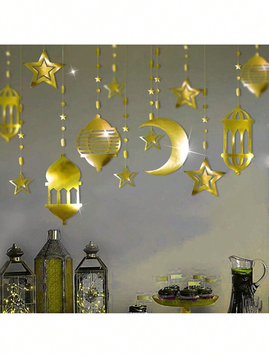 8pcs Gold Foil Ceiling Hanging Decor, Star And Moon Shape Ornaments ...