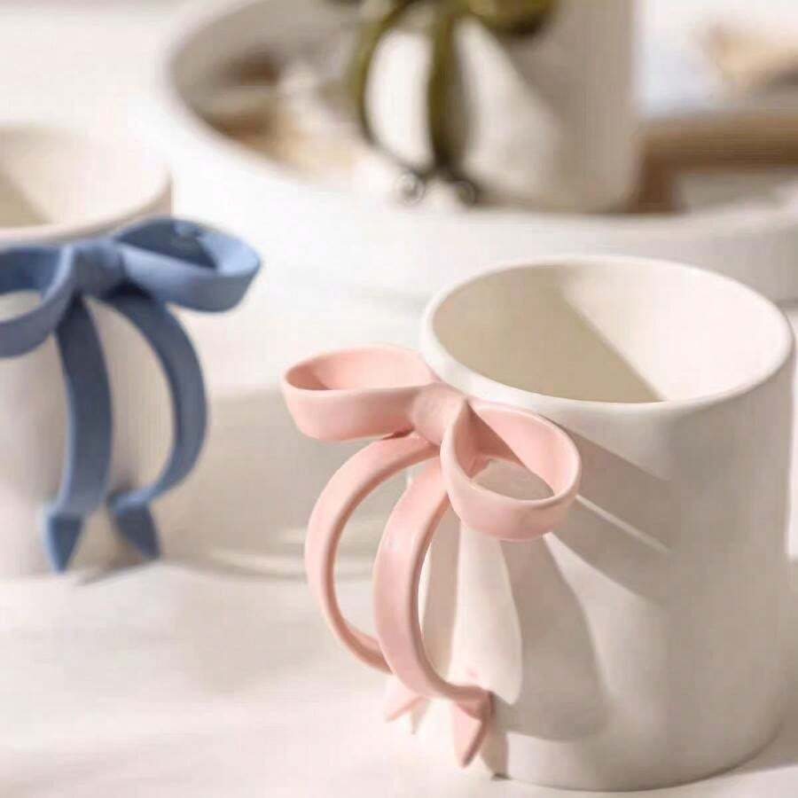 Pink Ceramic Coffee Mug With Pink Bow Handle, Premium Matte Texture, Suitable For Women ...