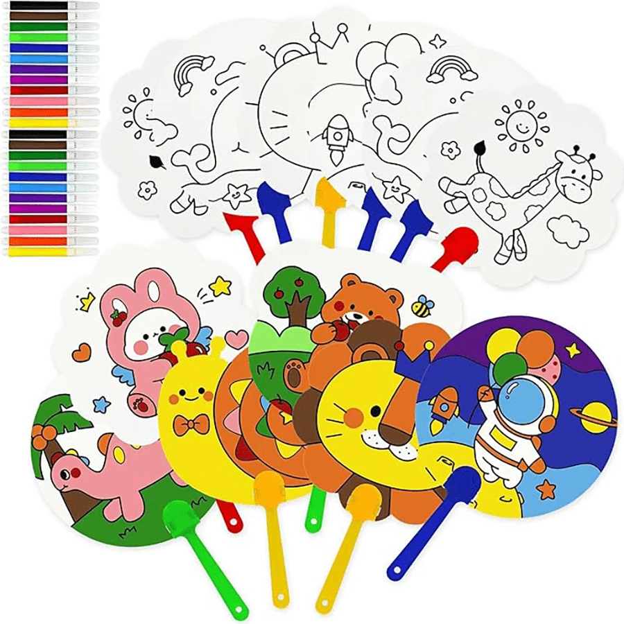 8ps DIY Coloring Game Fans Art And Drawing Kit Blank Plastic Round Fans ...
