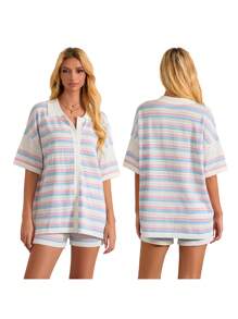 Women Set 2 Pieces Suits Stripe Contrast Color Button Crochet Knit Tops ...