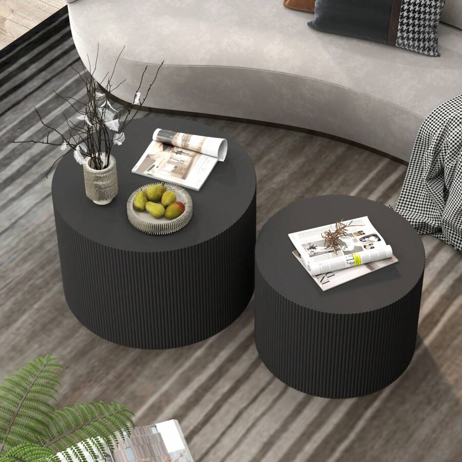 Vertical Grain Round Wooden Coffee Tables, Nesting Coffee Table Set Of ...