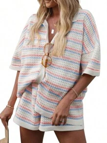 Women Set 2 Pieces Suits Stripe Contrast Color Button Crochet Knit Tops ...