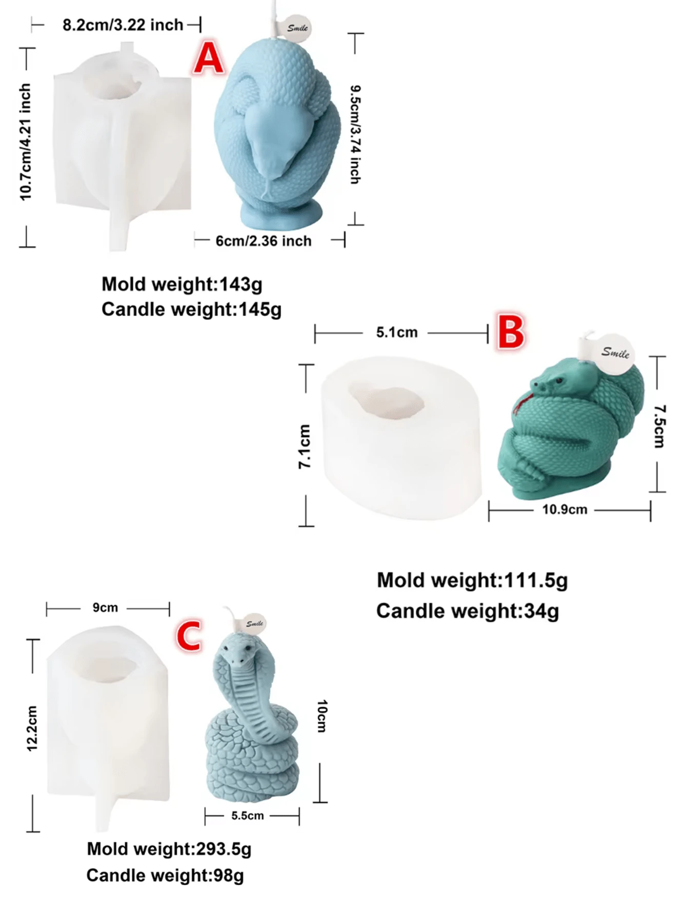 3D Snake Silicone Mold Making Scented Candle DIY Cobra Silicone Resin ...