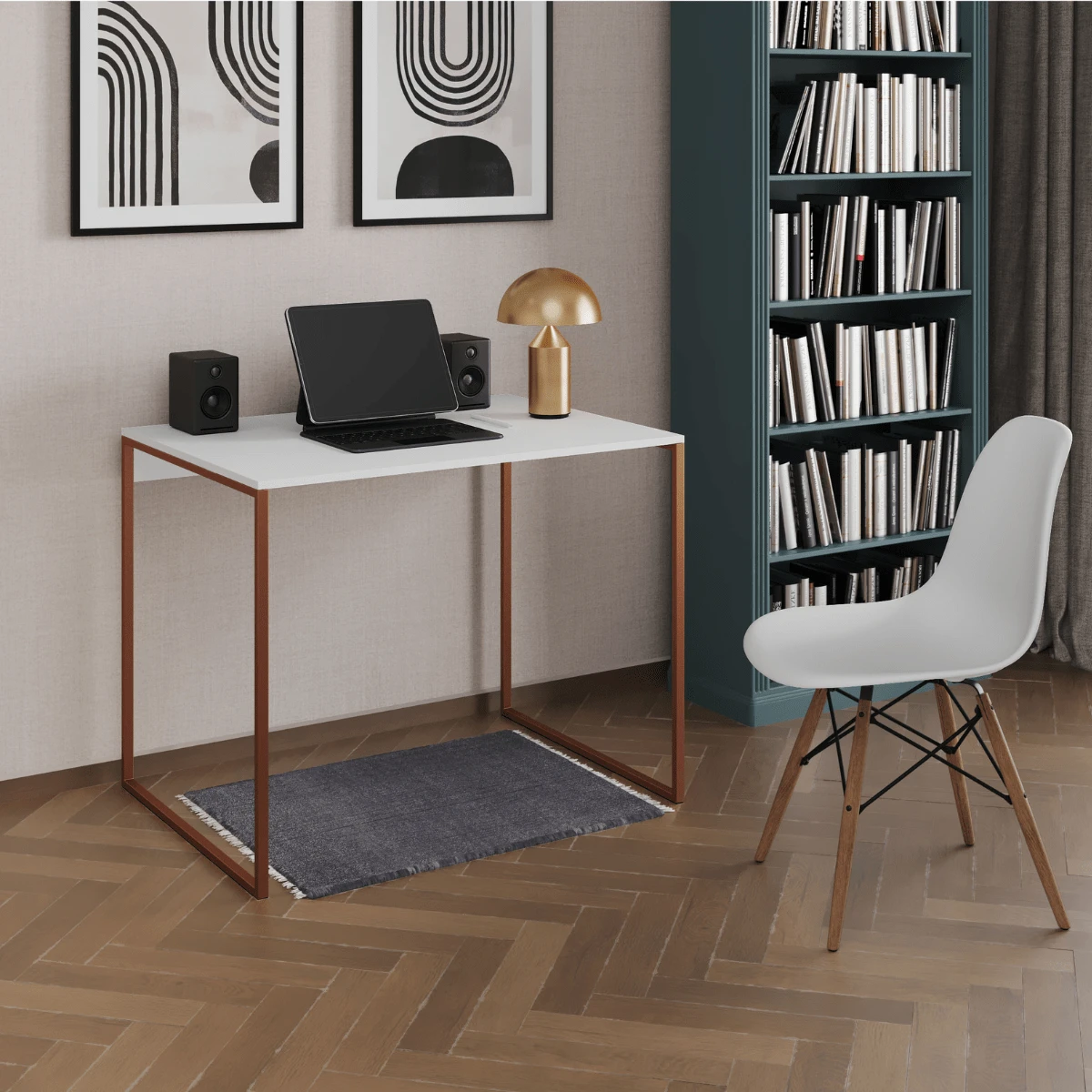 Home Office Desk Industrial Greece Desk 80x46cm Iron Copper Wooden Top ...