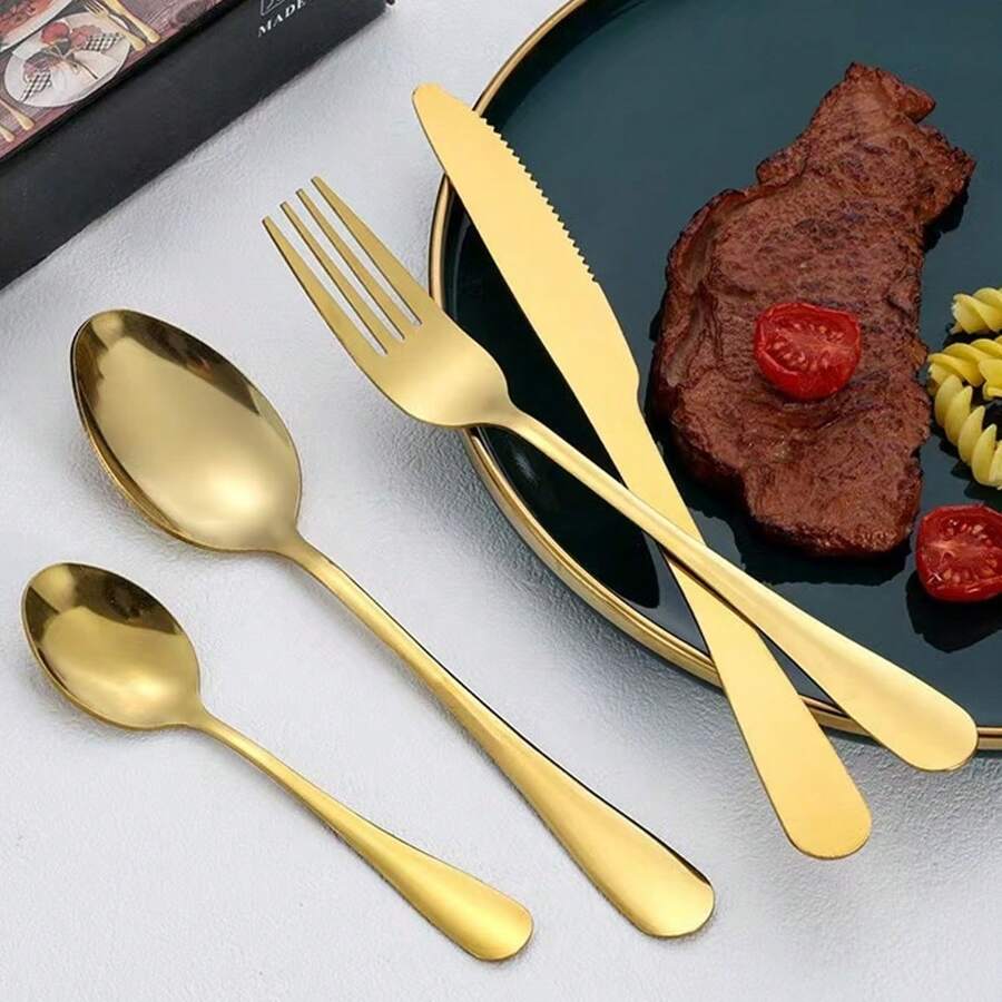 16pcs Stainless Steel Steak Cutlery Set - Knife, Fork, Spoon, Dessert ...