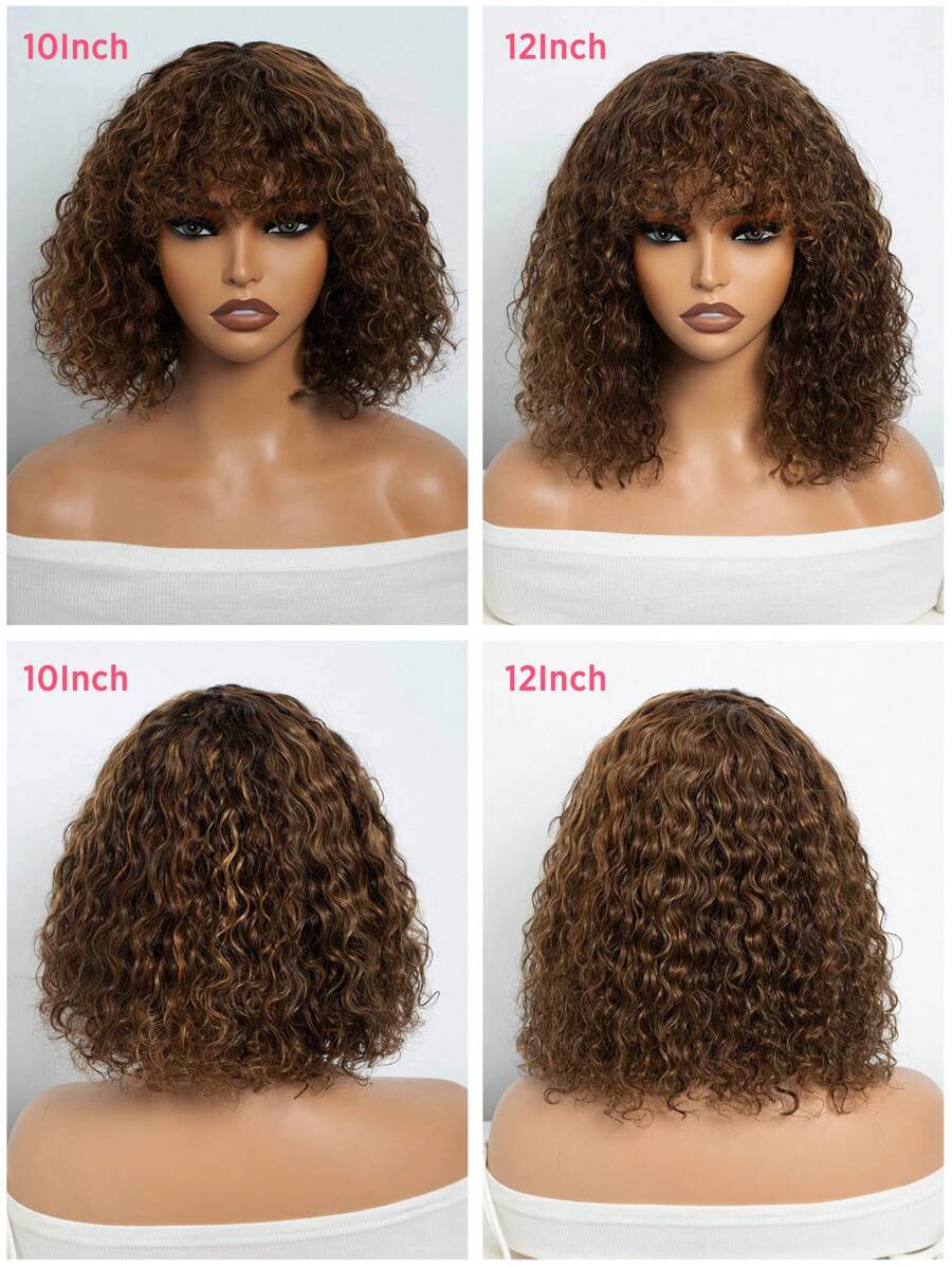 Jerry Curly Bob Wigs With Bangs Human Hair Water Wave Machine Made Wigs ...