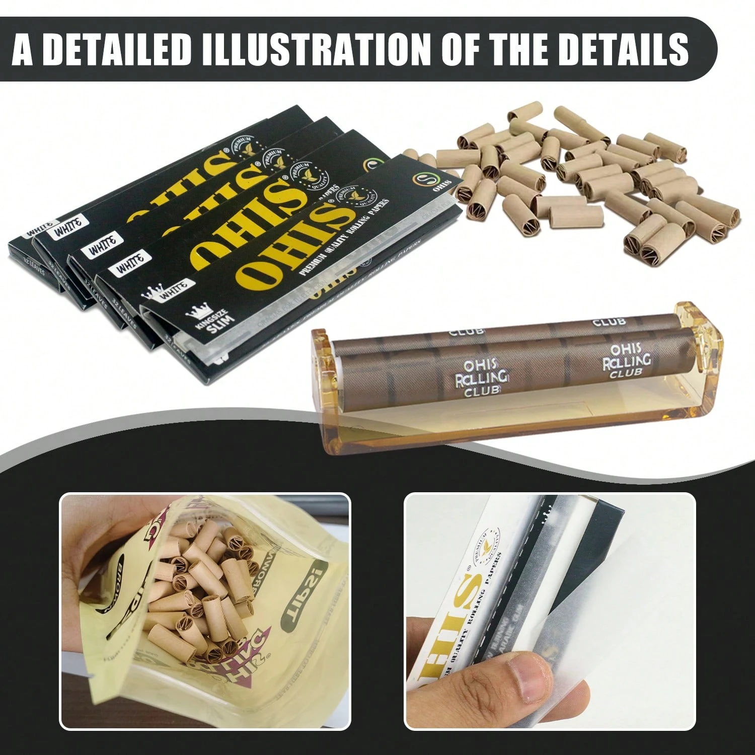 OHIS A Set Of 3 Pieces Of 78mm Size Black Cigarette Paper And 1 Pack Of ...