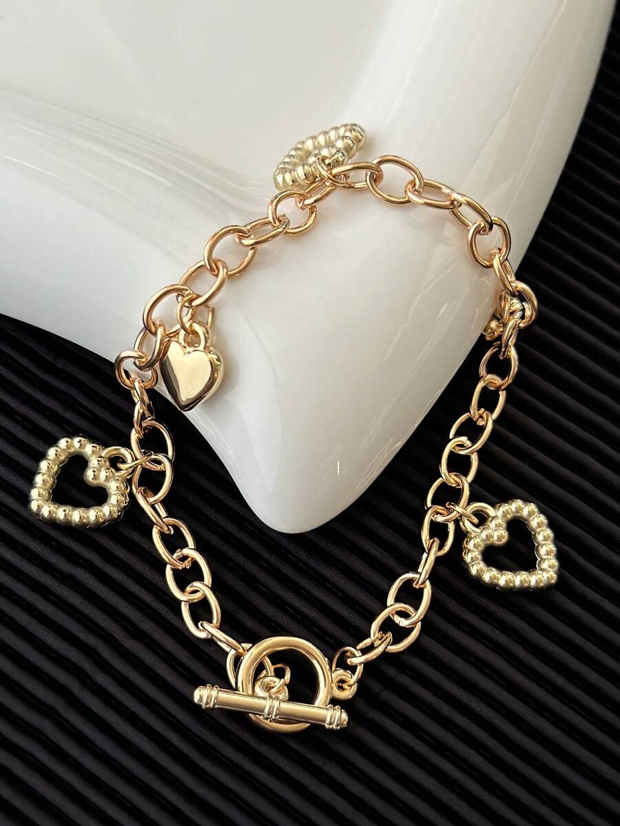 1pc Thick Chain And Heart Pendant CCB Material Bracelet, Suitable For ...