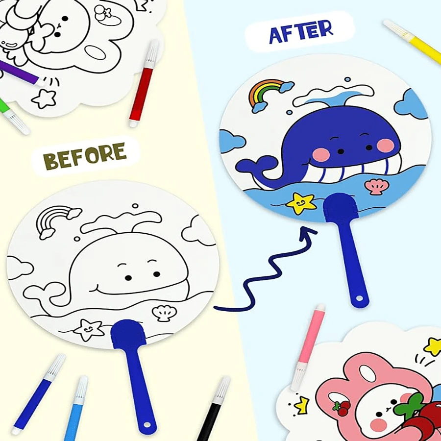 8ps DIY Coloring Game Fans Art And Drawing Kit Blank Plastic Round Fans ...