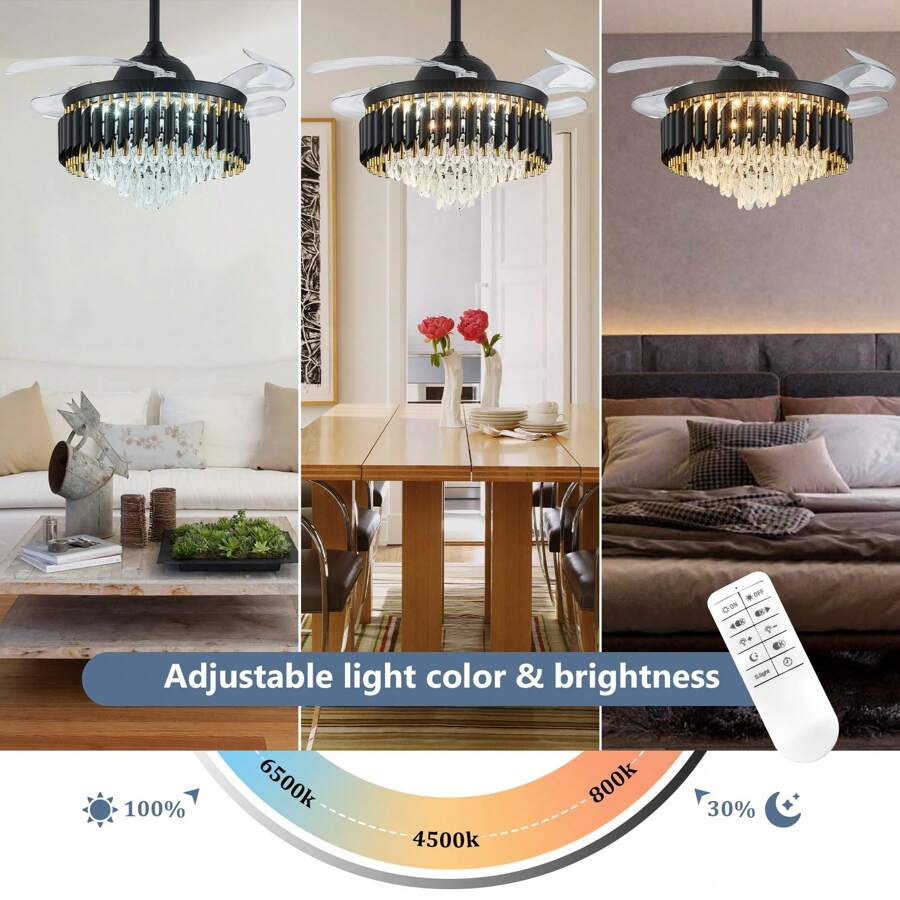 42 Inch Dimmable Crystal Ceiling Fans With Light Modern Chandelier Fan LED Fandelier With Remote ...