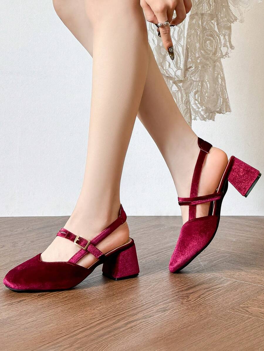 Women Closed Toe One-Strap Velvet High Heel Pumps, Burgundy Red | SHEIN USA