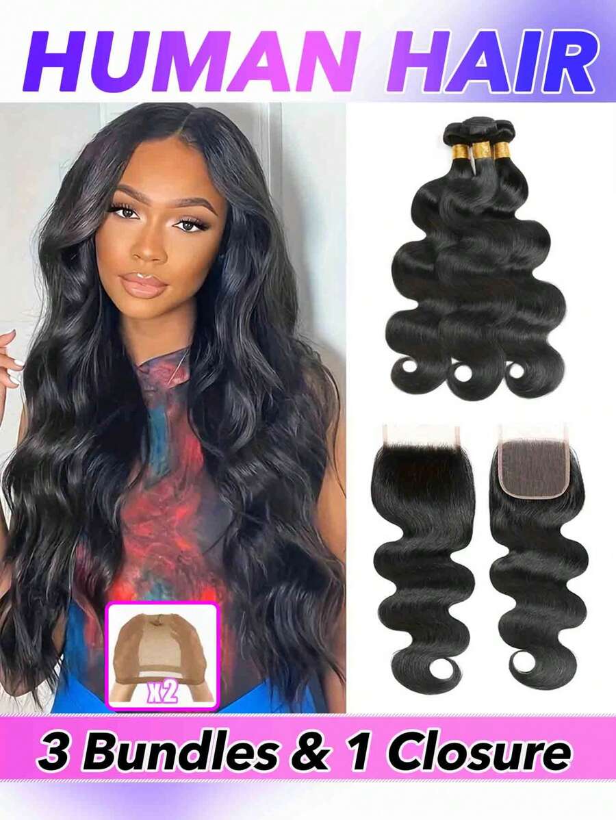 Body Wave Bundles With Closure Human Hair 4x4 Lace Closure With Baby Hair Natural Color 3 ...