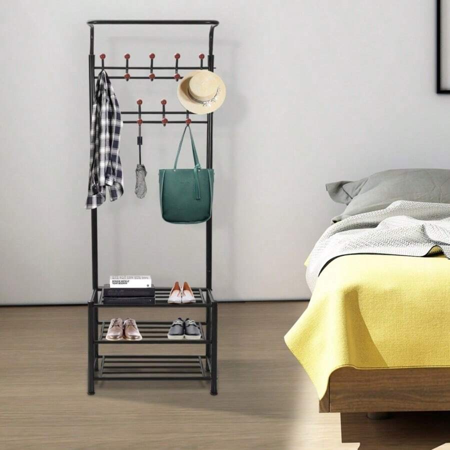 Dsermall Metal Entryway Coat Shoe Rack Hall Tree With 3-Tier Shoe Bench ...