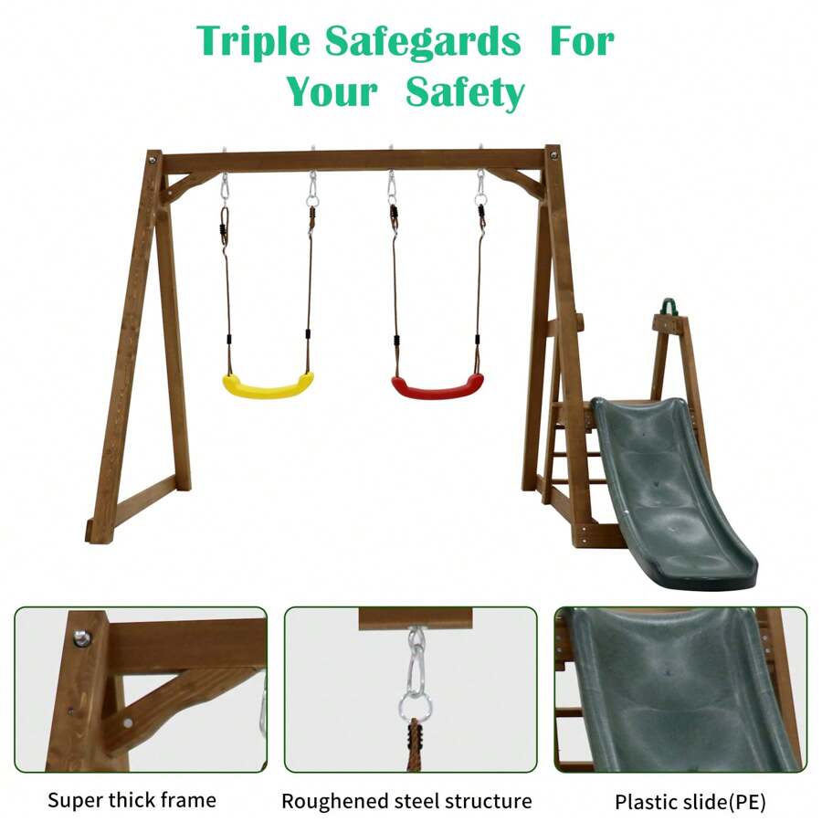 Children's Swing Set Double Swing Frame Wooden Outdoor Swing Frame ...