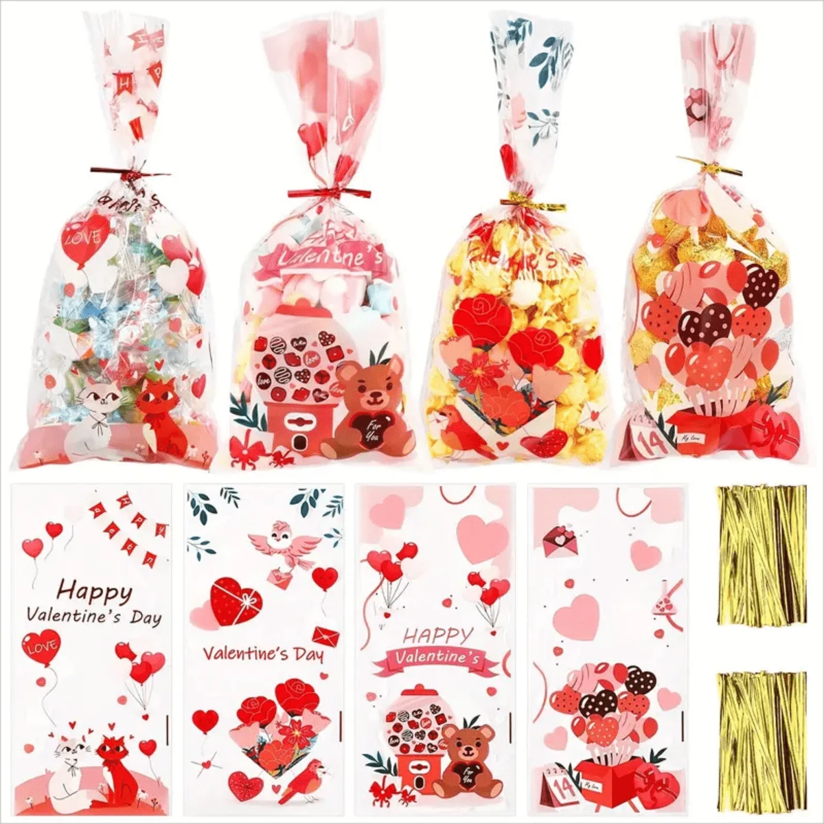 100pcs Valentine's Day Plastic Gift Bags With Twist Ties, Various ...