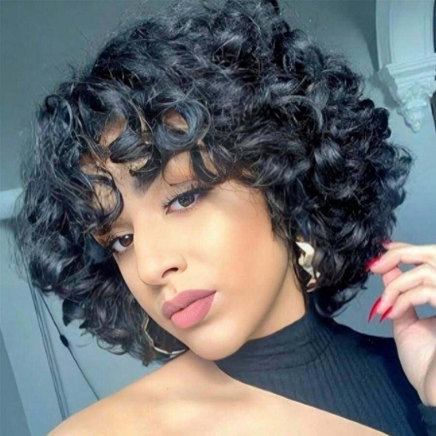 Human Hair Short Loose Curly Wigs Brazilian Hair Bouncy Waves Pixie Cut ...