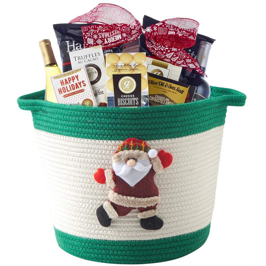 Christmas Basket With Santa Claus Doll, Woven Cotton Rope Christmas Storage Basket For Gifts ...