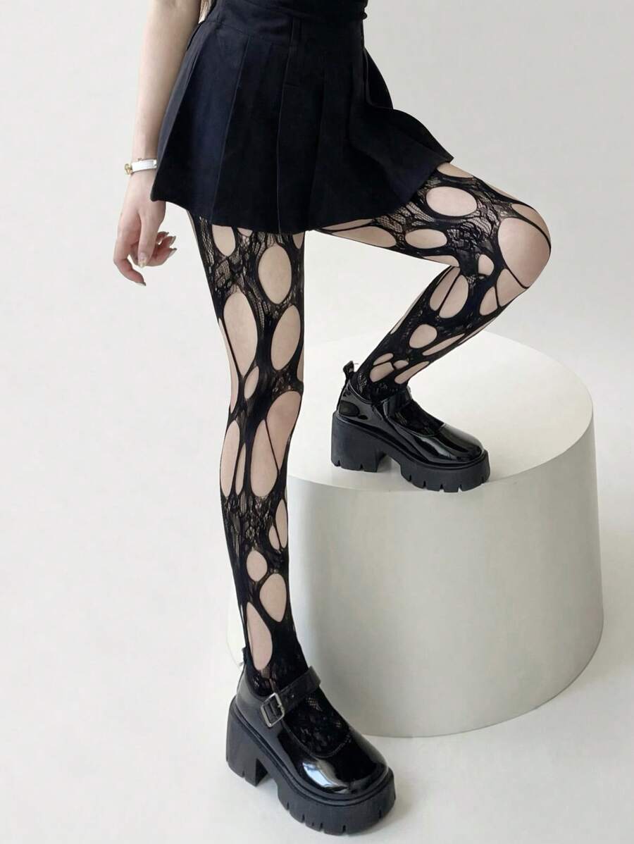 1pc Women Gothic Rose Hollow Ripped Asymmetrical Pattern Silk Stockings ...