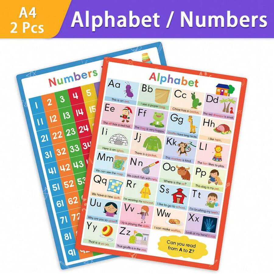 2 PCS Number 1-100 Alphabet Educational Poster Children Learning ...