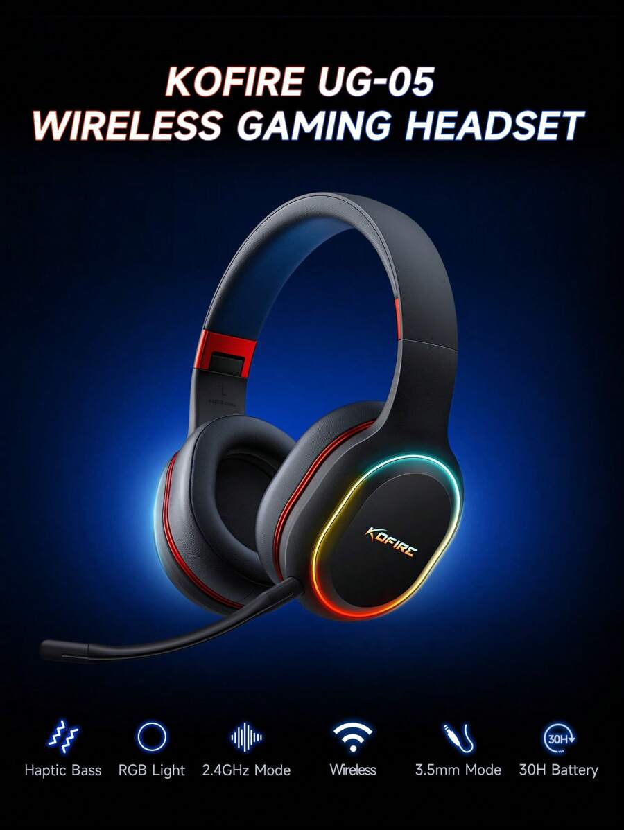 KOFIRE Picun UG-05 2,4 GHz kabelloses Headphone, Haptischer Bass, Gaming Headset mit RGB ...