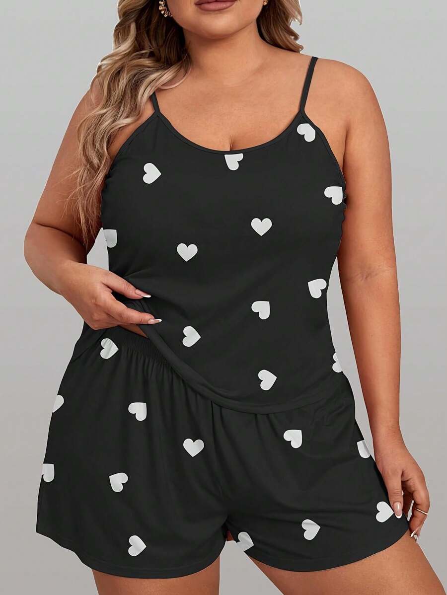 Plus Size Women Casual Pajama Set, Heart Print Camisole And Shorts ...