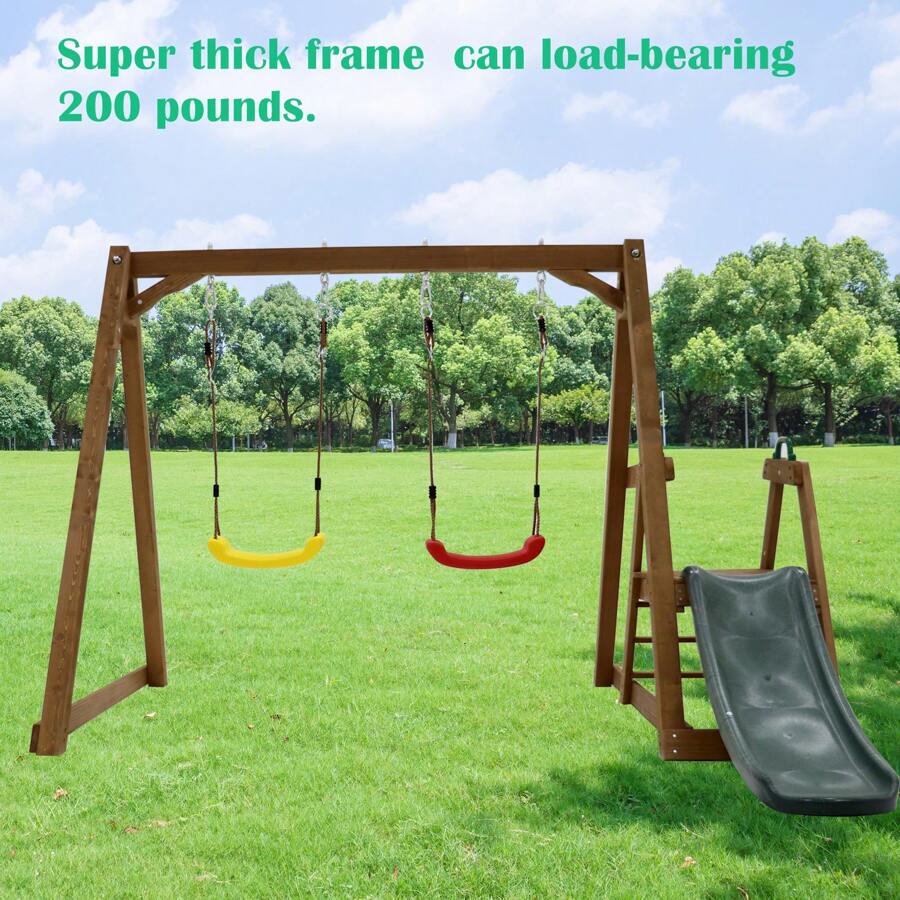 Children's Swing Set Double Swing Frame Wooden Outdoor Swing Frame ...
