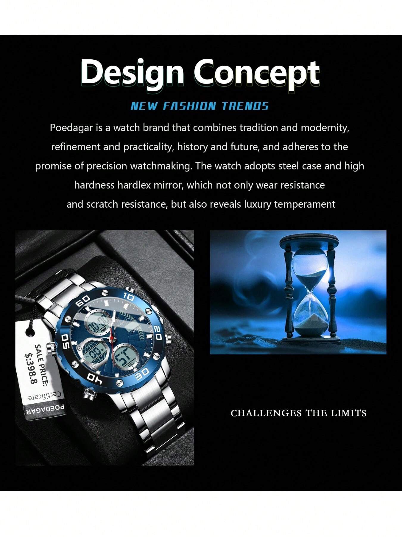 POEDAGAR Sport Wristwatch For Man LED Alarm Dual Time Display Digital ...