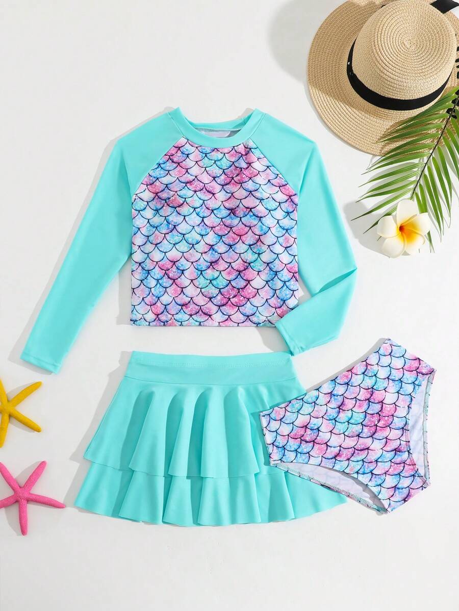 Tween Girl 3-Piece Cute Mermaid Scale Tankini Swimwear Set, For Ages 8 ...