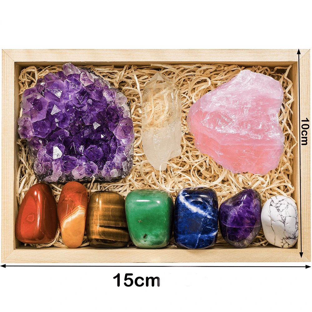 Premium Crystals And Healing Stones In Wooden Gift Box 7 Chakra Tumbled ...