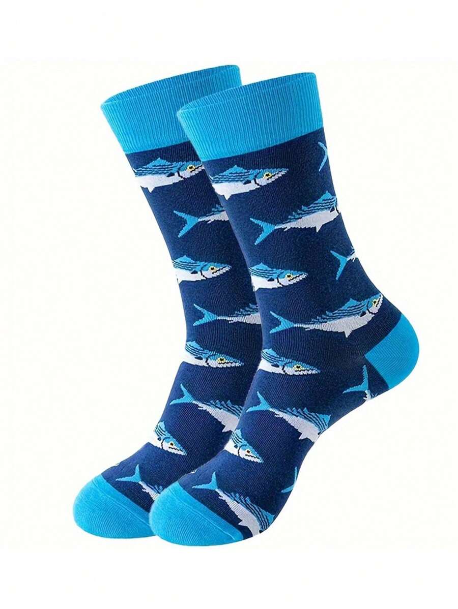 1 Double Cartoon Fish Printed Socks Personality Fun Mid-Tube Socks ...