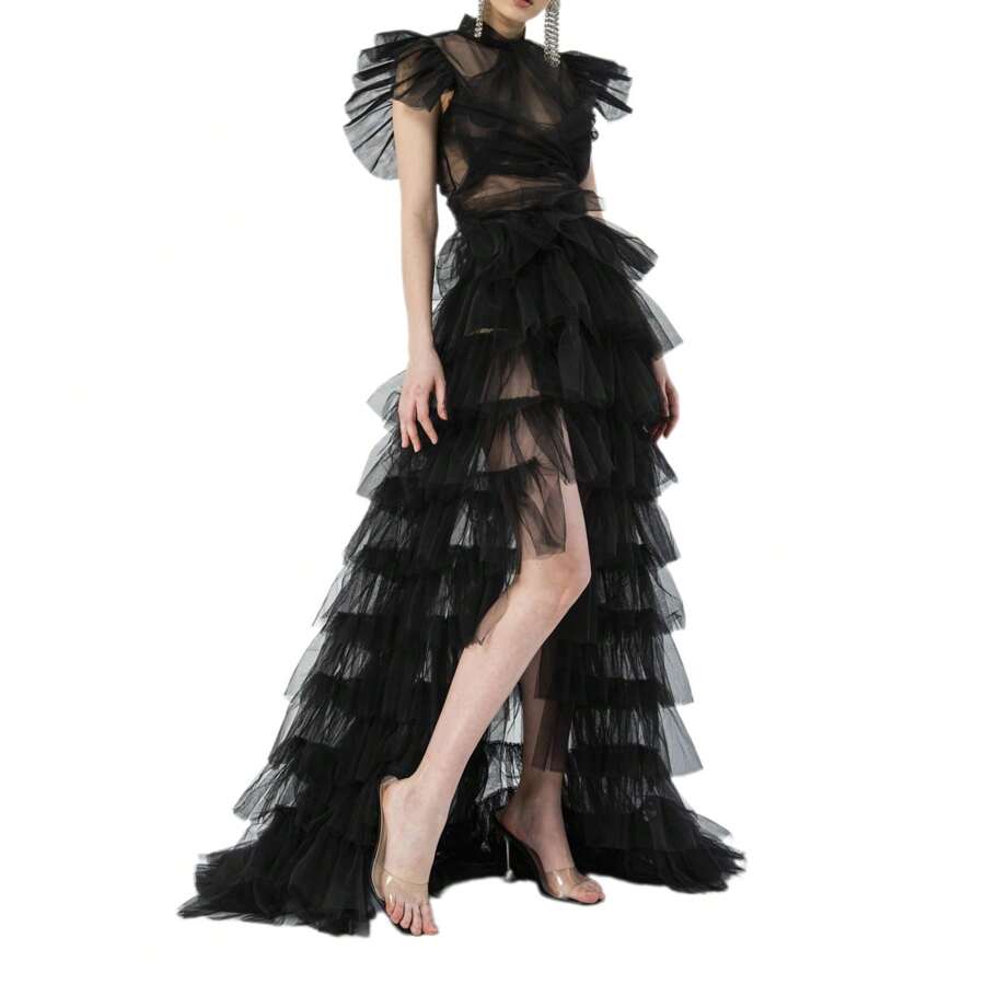 Women Tulle Skirt, Solid Color Mesh Tied-Up Irregular Floor-Length ...