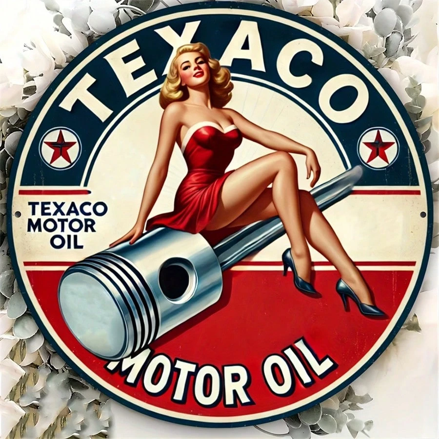 Vintage Texaco Motor Oil MetalSign - Round Retro Garage Wall Decor, Authentic Engraving Artwork ...