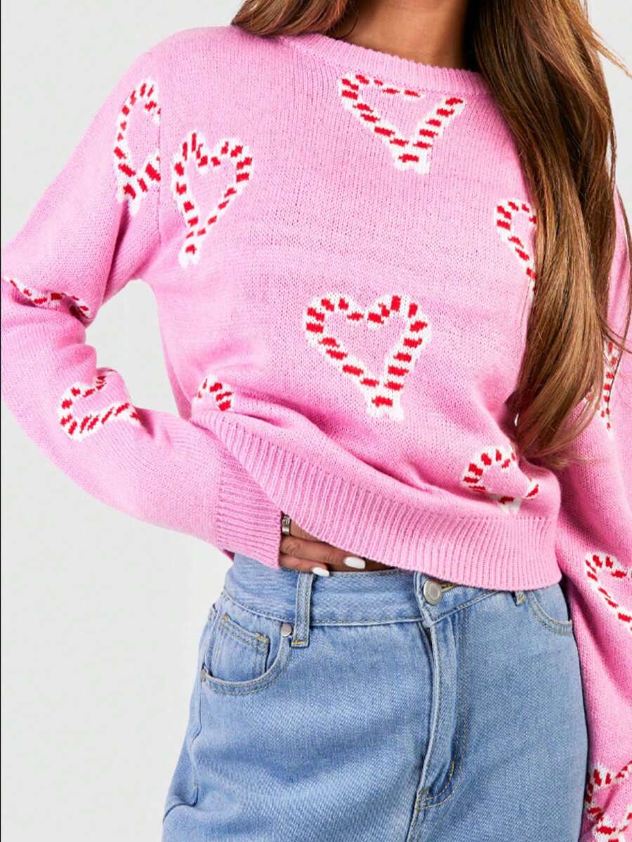 Women Christmas Sweater Sweet Candy Cane Heart Graphic Long Sleeve Crewneck Knitted Pullover ...
