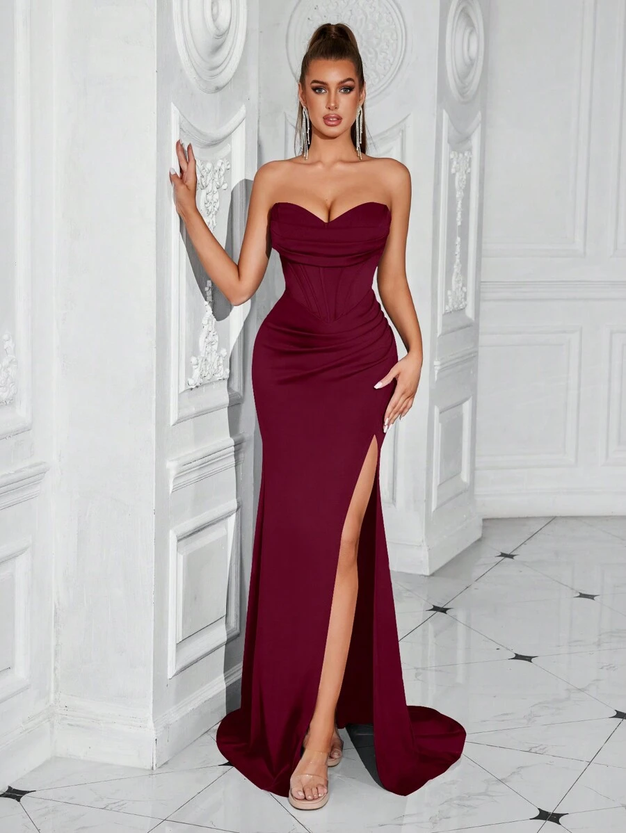 ADYCE Deep Sweetheart Neck Fishbone Ruched High Split Front Backless ...