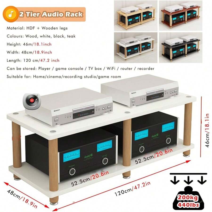 Av Media Stand 2 3 Tier, Wood Audio Component Rack Shelf With Non-Slip ...