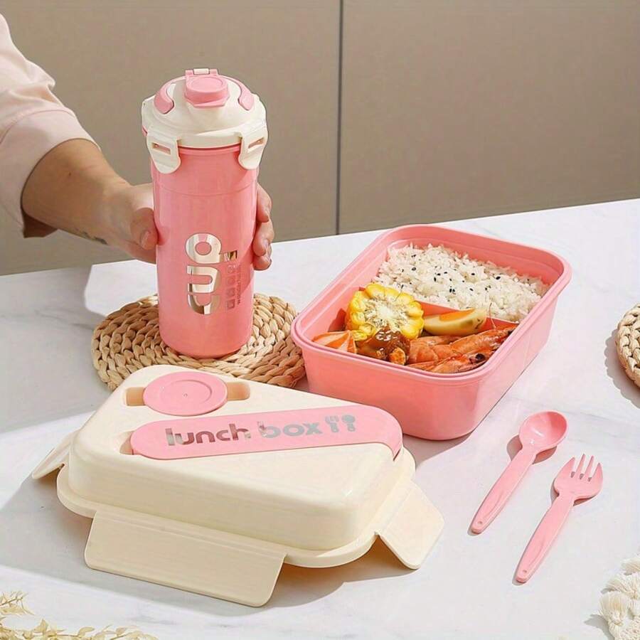 1 Sets Divided Lunch Box Water Cup Set Students And Office Workers Portable Microwavable Lunch ...