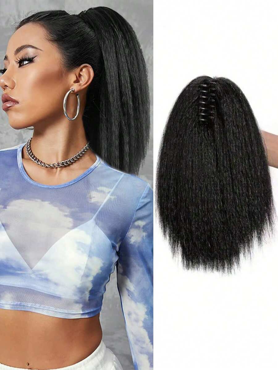 12 Inch Black Claw Clip Kinky Straight Ponytail Extensions For Fluffy ...